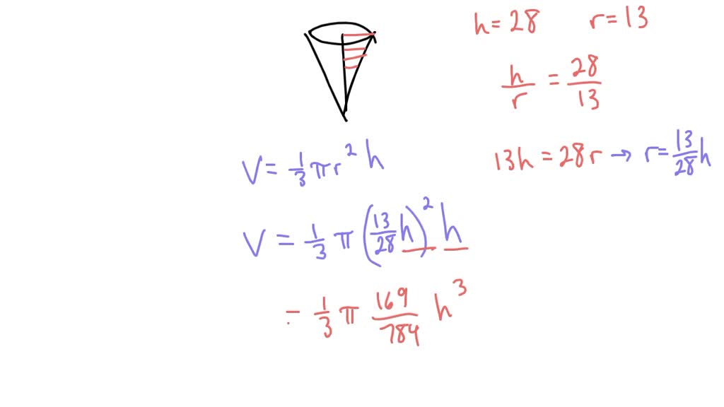 SOLVED: A conical water tank with vertex down has a radius of 13 feet ...