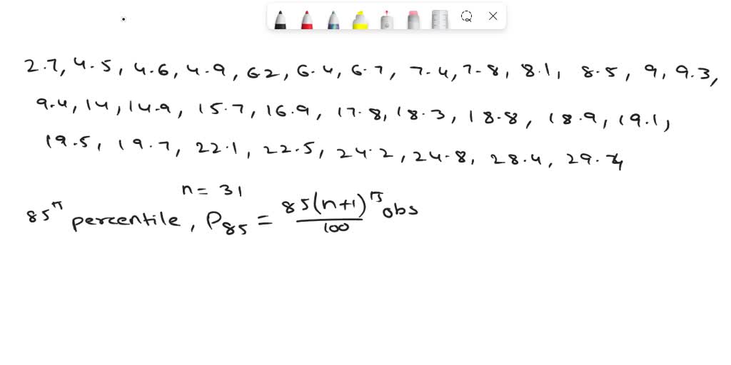 SOLVED: Calculate the 85th percentile of the data shown: (Always use Excel) As your result will ...