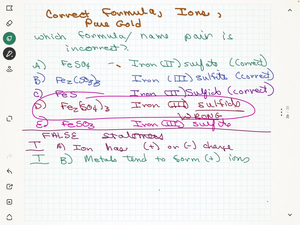 SOLVED: "Which formula/name pair Is incorrect? A) FeSo iron(II) Fes ...
