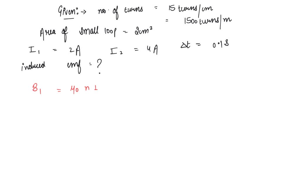 SOLVED: A long solenoid with 15 turns per cm has a small loop of area 2 ...