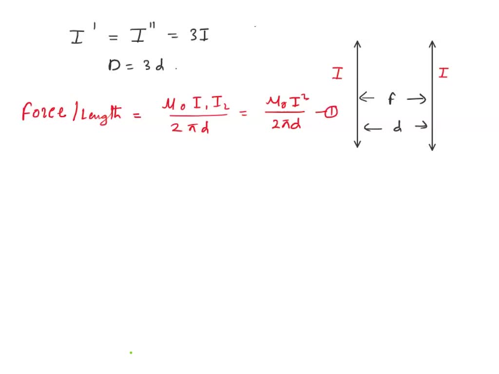 SOLVED: 16. Two parallel long wires carry the same current and repel ...
