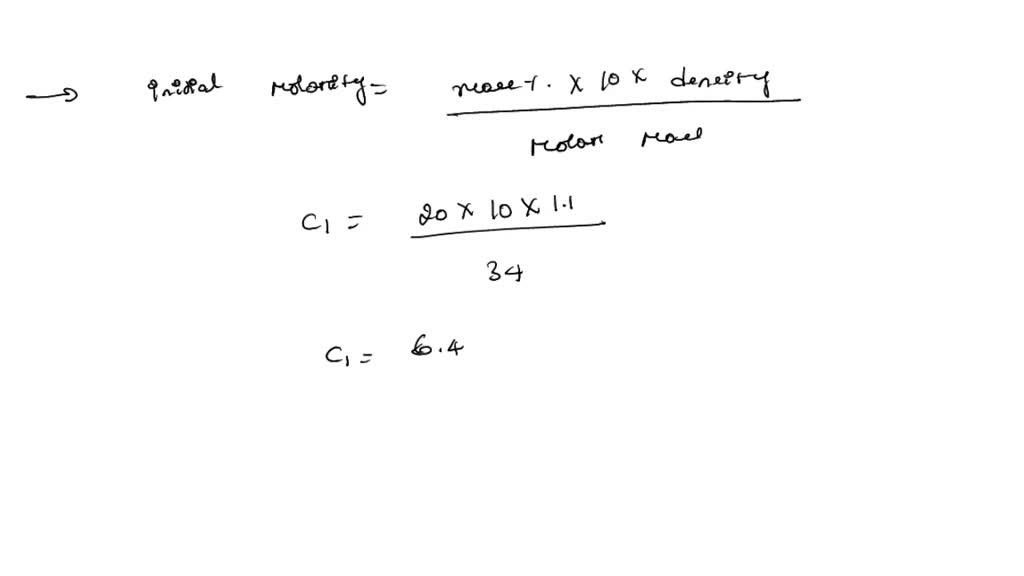 SOLVED: Calculate the molarity of a solution prepared by diluting 10 mL of 20% by mass H2O2 ...