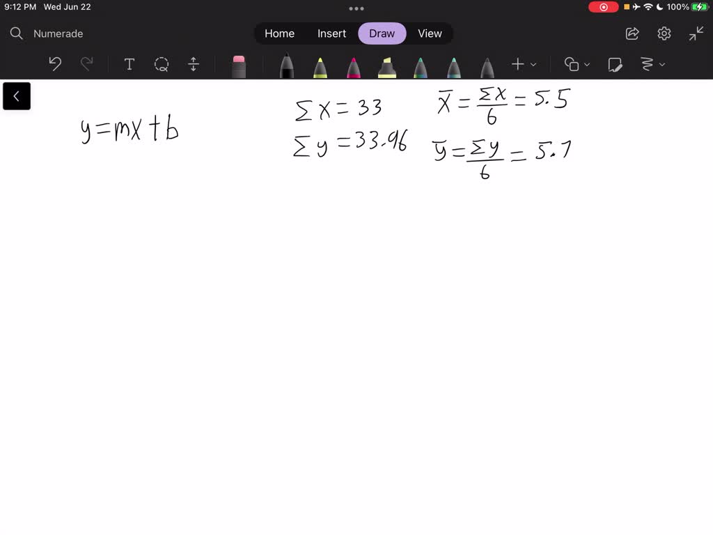 Find the linear regression line for the following table of values. You ...