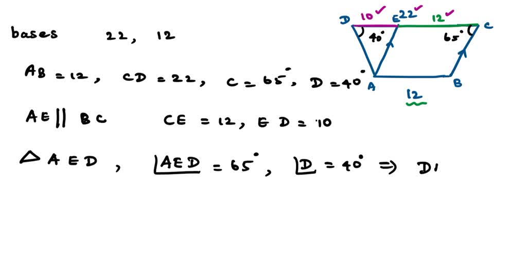 SOLVED: The bases of a trapezoid are 22 and 12 respectively. The angles ...