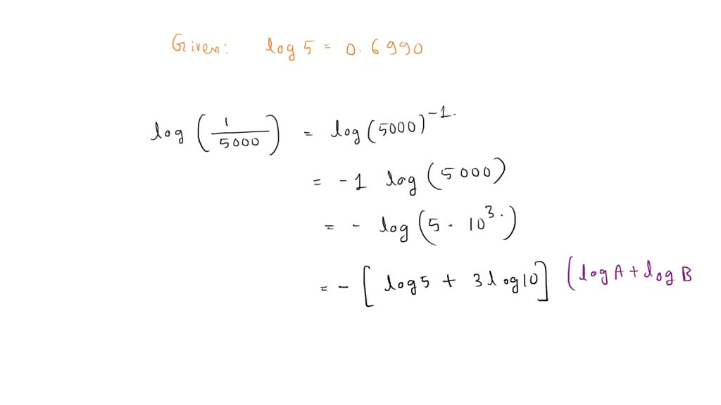 SOLVED: Given that log(5) = 0.6990, find the value of the logarithm log(1/5000).