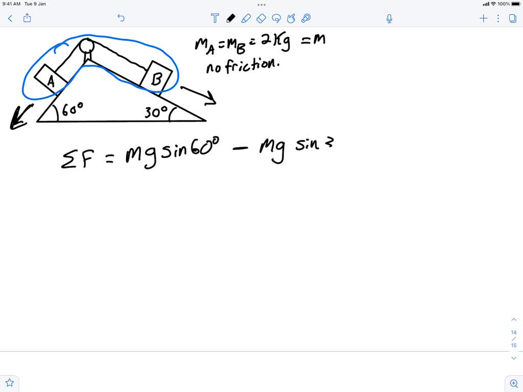 SOLVED: Two blocks of mass mA= 2 kg and mB= 2 kg are connected by a massless string that passes ...