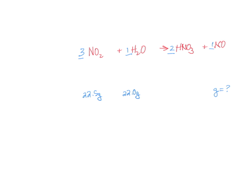 Nitrogen dioxide reacts with water to form nitric acid and...