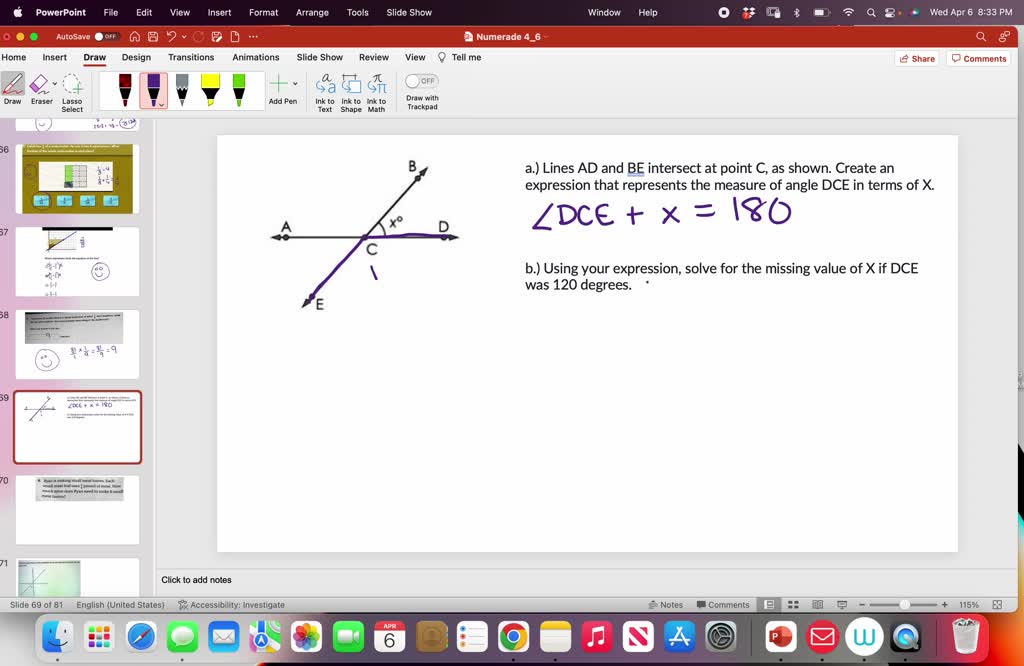 SOLVED: a.) Lines AD and BE intersect at point C, as shown. Create an expression that represents ...