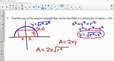A rectangle is inscribed in a semicircle of radius r with one side lying on the diameter of the ...