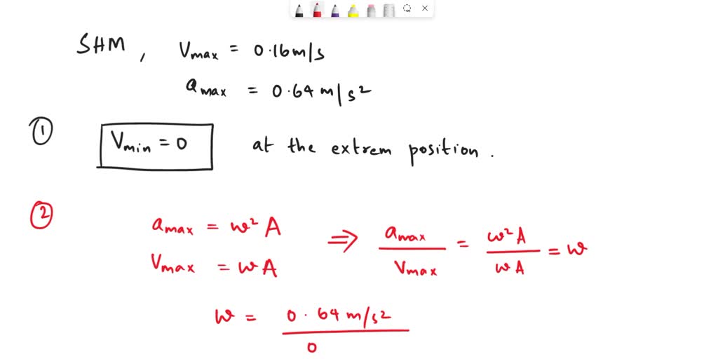 SOLVED: The maximum velocity for a particle in SHM is 0.16 m/s and the maximum acceleration is 0 ...