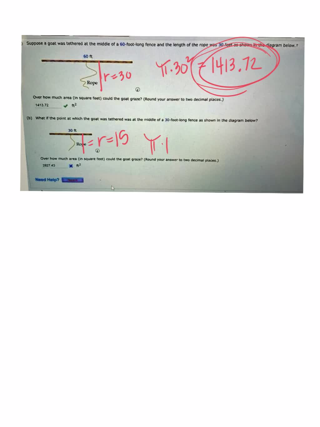 SOLVED: Suppose a goat was tethered at the middle of a 60-foot-long ...