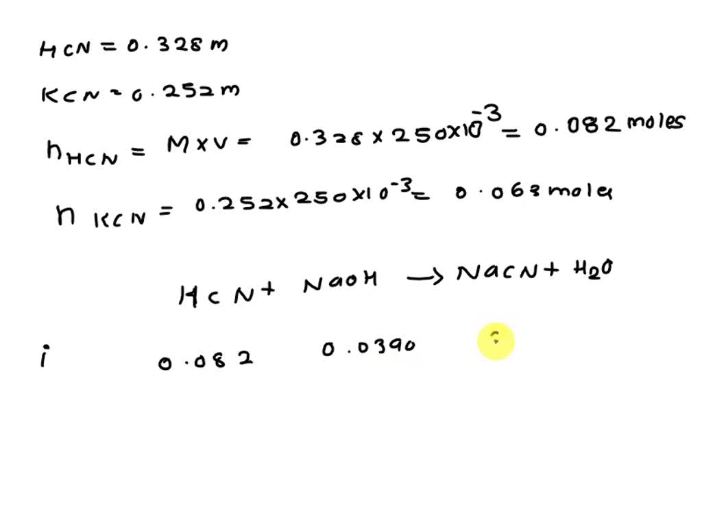 SOLVED: A buffer solution contains 0.328 M hydrocyanic acid and 0.252 M potassium cyanide . If 0 ...
