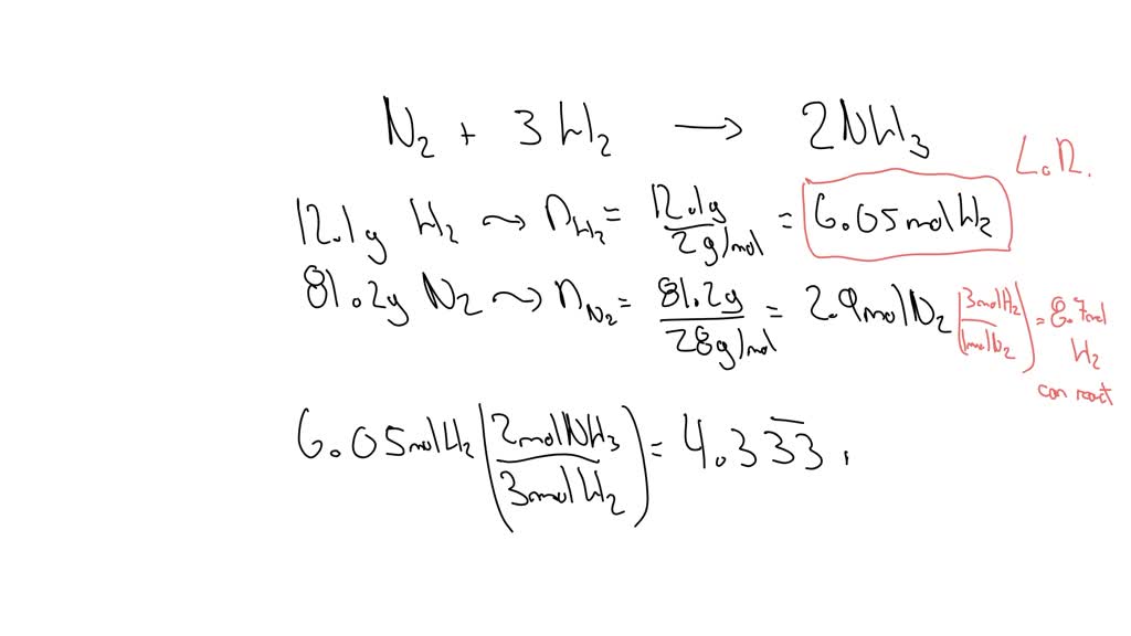 SOLVED: Nitrogen gas reacts with hydrogen gas to form ammonia gas (NH3). If 12.1g of hydrogen ...