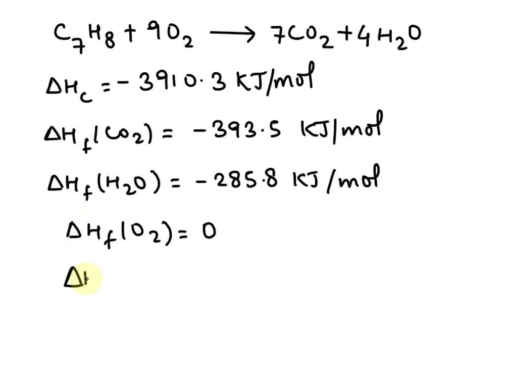 The heat of combustion of toluene, C7H8(l), is -3910.3 kJ/mol. What is ...