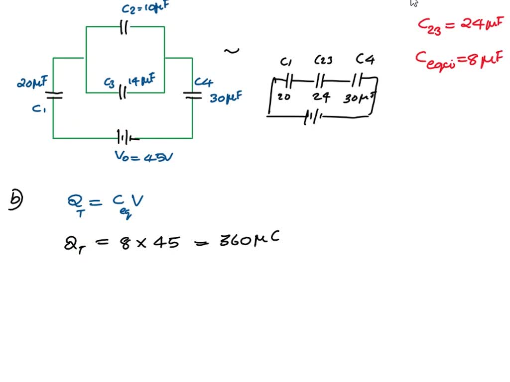SOLVED: Four capacitors are connected to a battery as shown in the figure below: C1 = 20 uF, C2 ...