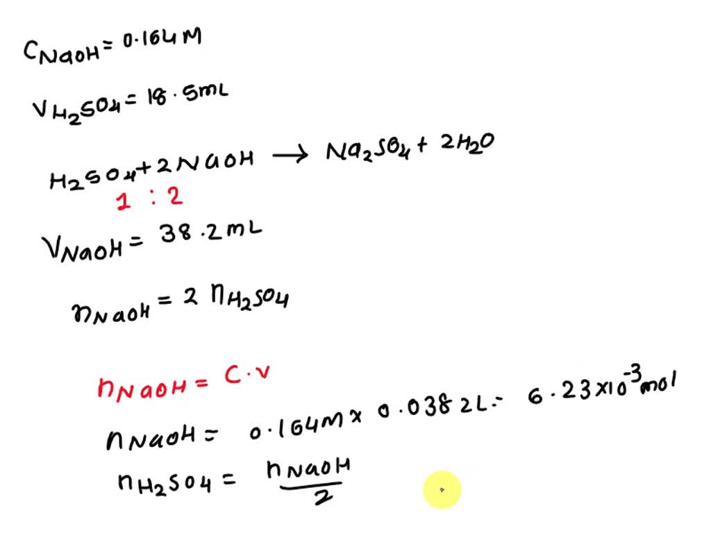 SOLVED: A solution of 0.164 M NaOH is used to titrate 21.0 mL of a solution of H2SO4: H2SO4(aq ...