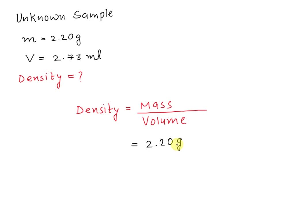 SOLVED: A 2.20g sample of an unknown has a volume of 2.73 mL. What is ...