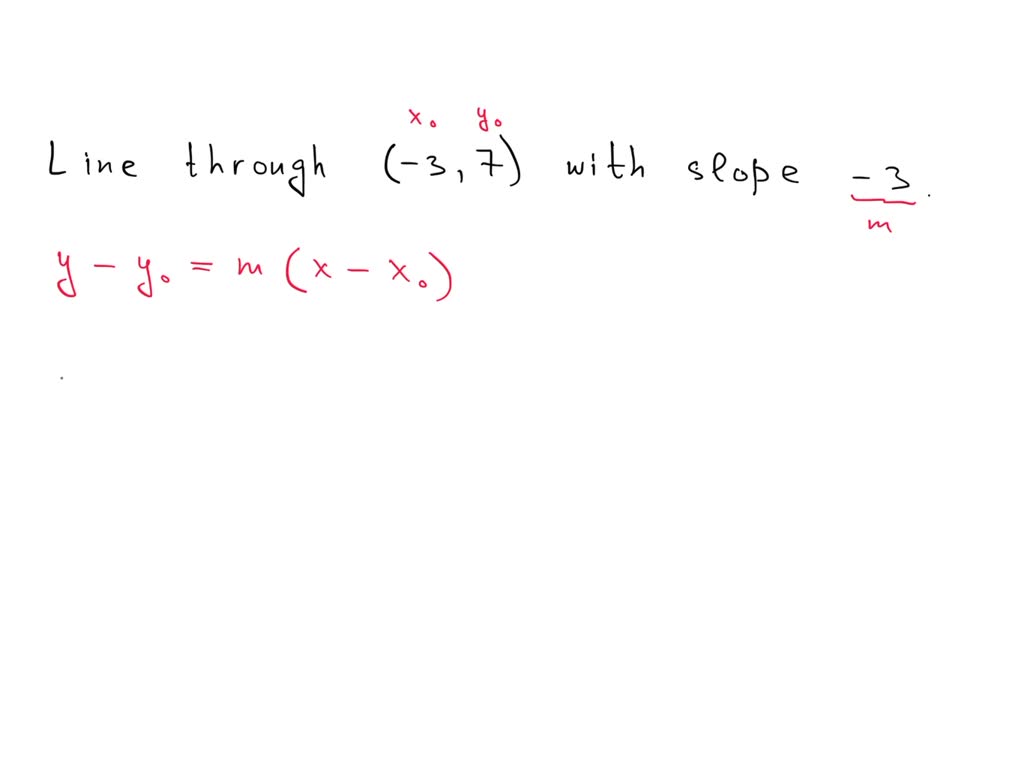 SOLVED: A line passes through the point (-3,7) and has a slope of -3 ...