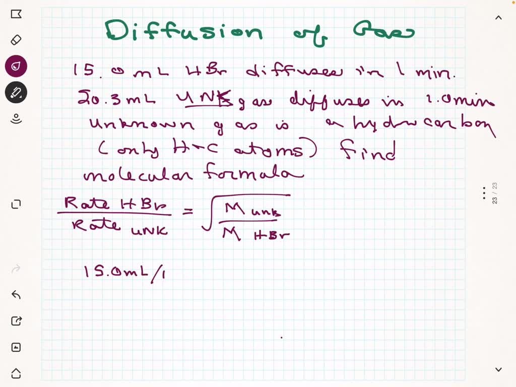 In a given diffusion apparatus, 15.0 mL of HBr gas diffuses in 1.0 min . In the same apparatus ...