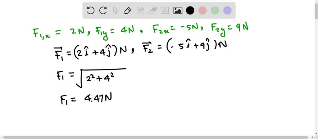 The components of two force vectors Fâƒ— 1 and Fâƒ— 2 are: F1x = 2 N ...