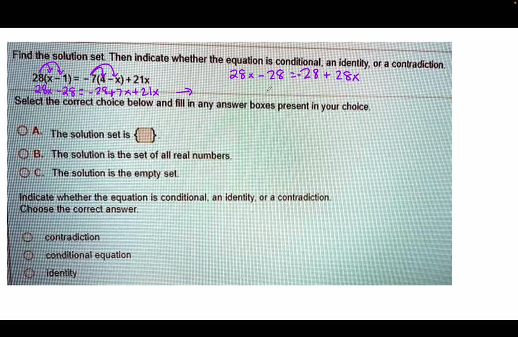 SOLVED: Find the solution set. Then indicate whether the equation is ...