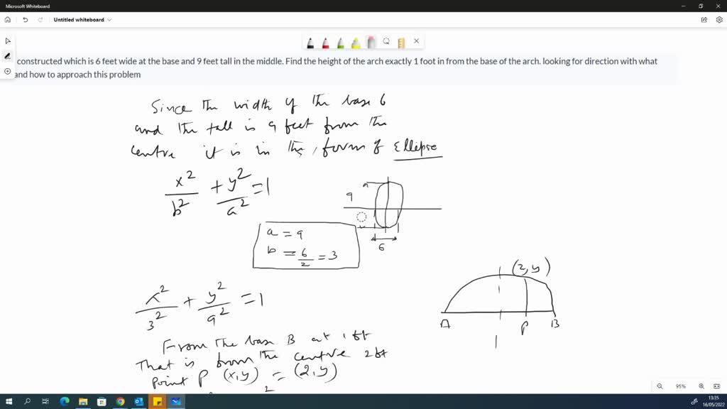 SOLVED: An elliptical arch is constructed which is 6 feet wide at the ...