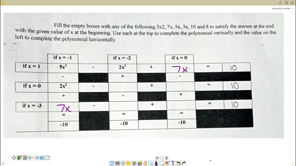SOLVED: Fill the empty boxes with any of the following: 3x^2, 7x, 5x ...