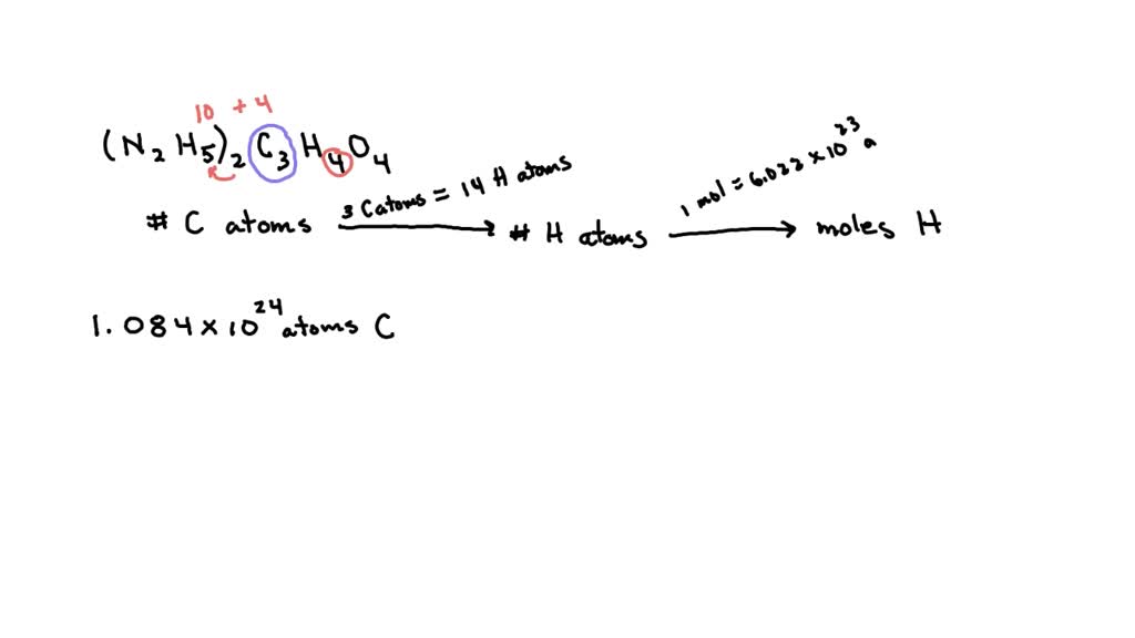 A sample of (N2H5)2C3H4O4 contains 1.084 x 10^24 carbon atoms. How many ...