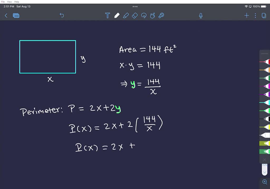 Find the dimensions of a rectangle of area 144 sq ft that has the ...