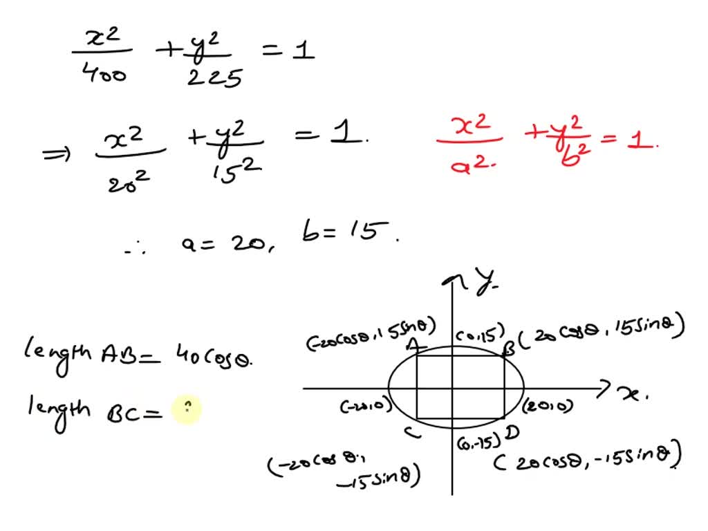 a rectangle is to be inscribed in the ellipse x^2/400 + y^2/225 =1 with ...