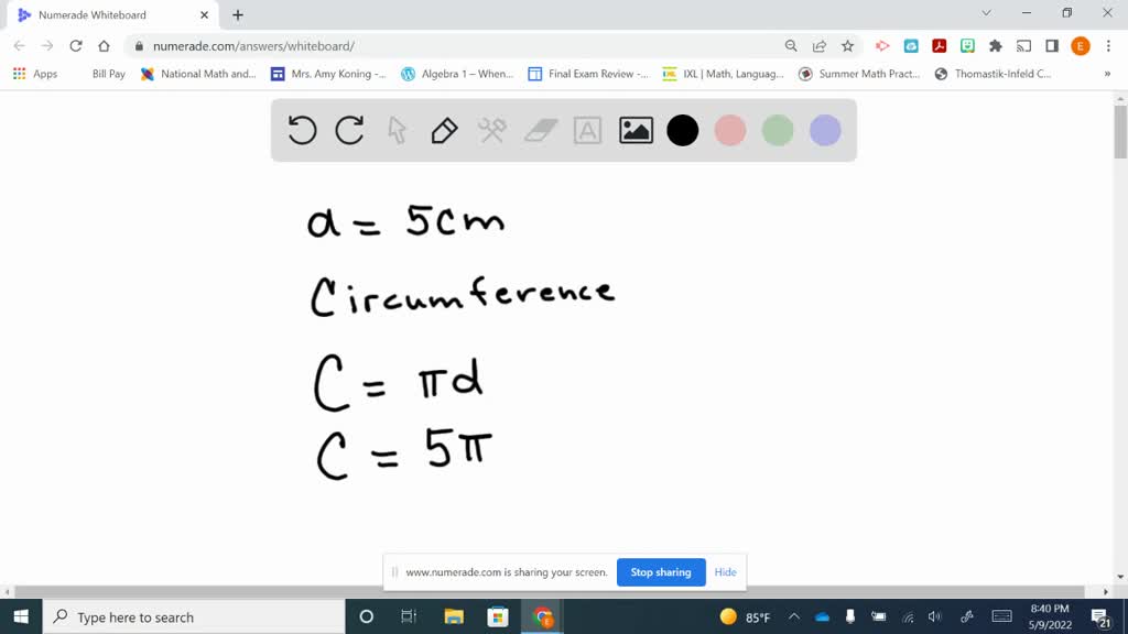 Draw a circle of radius 5 cm. Find the diameter and circumference.