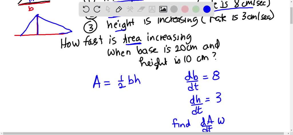 SOLVED: The base of a triangle is increasing at a rate of 8 cm/s and ...