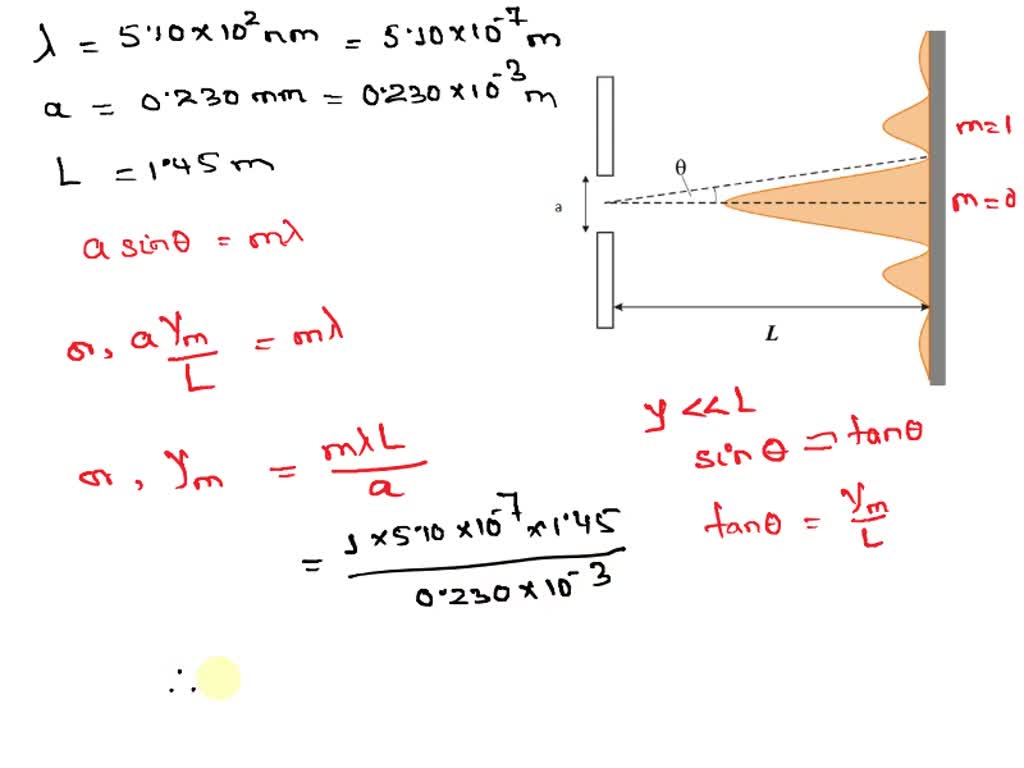 SOLVED: Light of wavelength 5.10 x 102 nm passes through slit of width 0.230 mm; (a) Find the ...