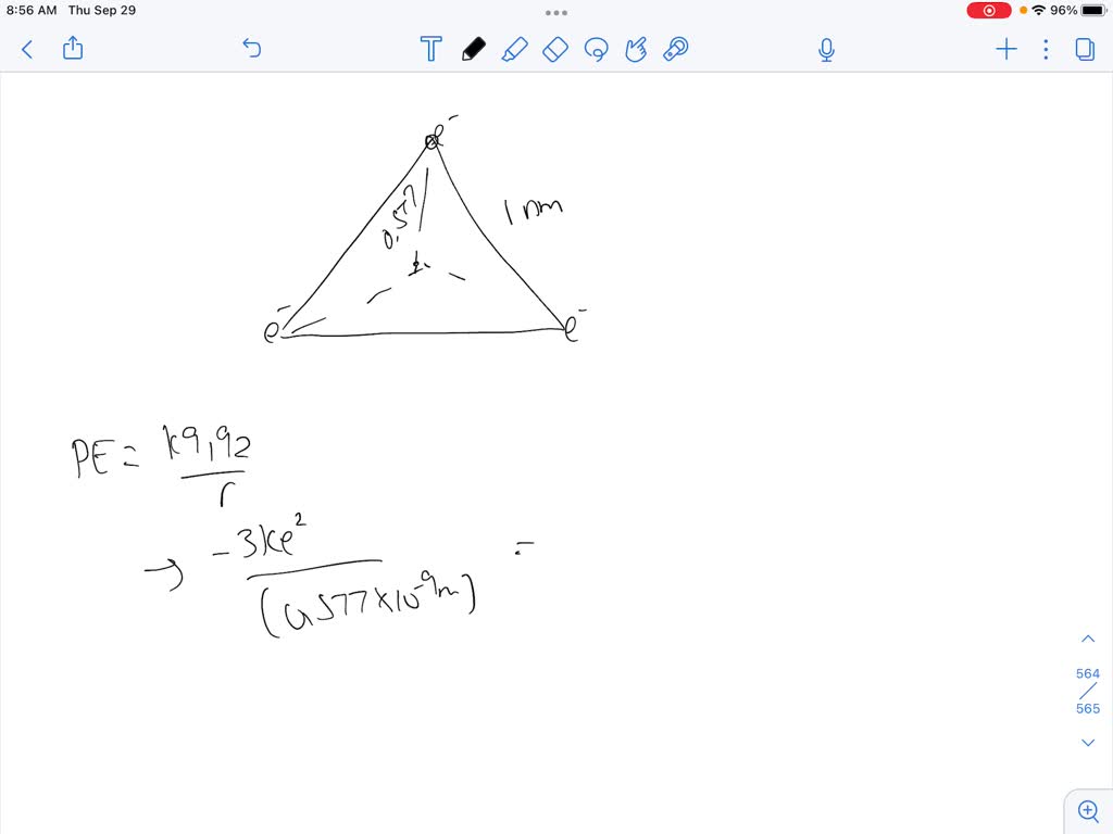 Three electrons form an equilateral triangle 1.0 nm on each side. A ...