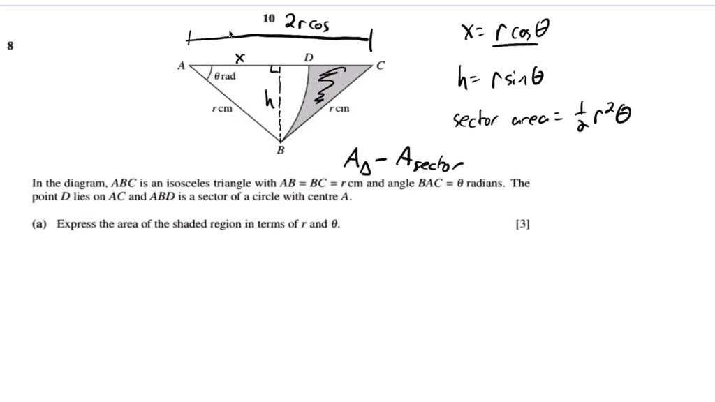 SOLVED: @rad Tcm In the diagram; ABC is an isosceles triangle with AB = BC = rcm and angle BAC ...
