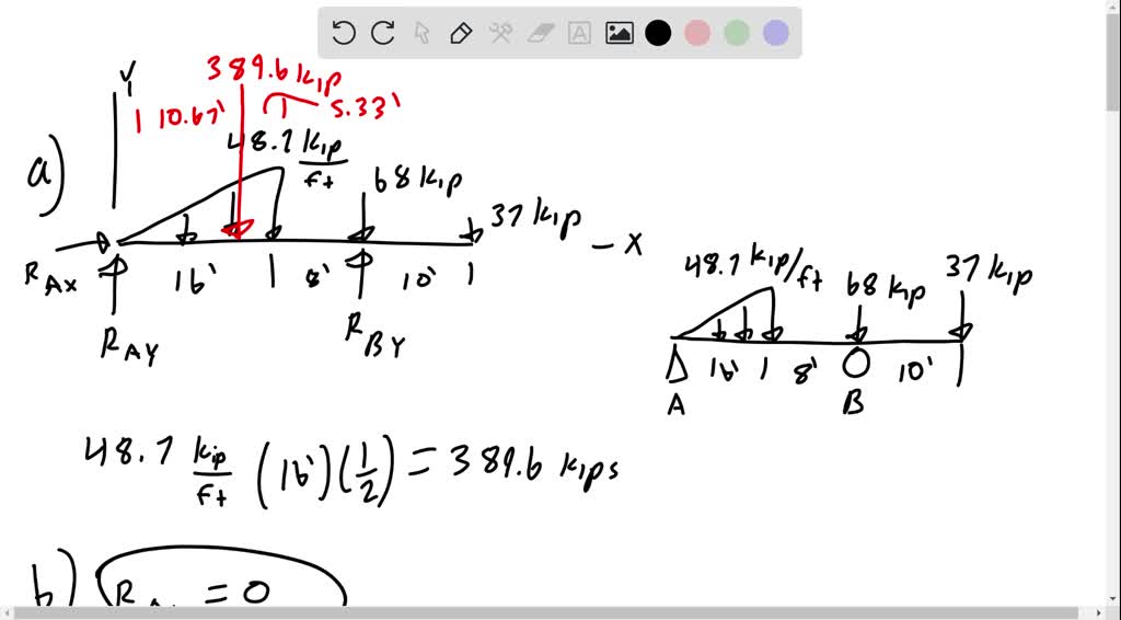 SOLVED: The simply supported beam is loaded by a 48.7 kip/fl triangular ...
