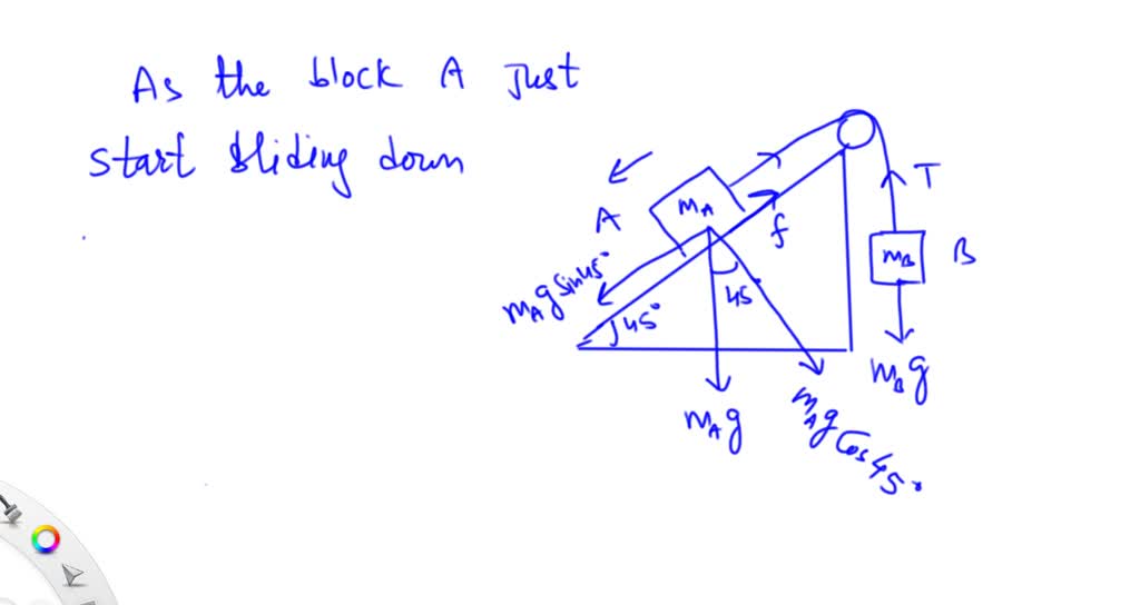 SOLVED: Block A (mass mA) rests on a 45° inclined surface with a coefficient of static friction ...