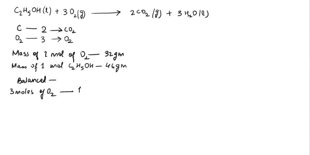 SOLVED: Calculate grams of ethanol that will completely react with 100.g of oxygen gas. C2H5OH ...