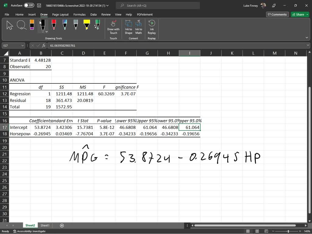 SOLVED: A sample of 20 automobiles was taken, and the miles per gallon (MPG), horsepower, and ...