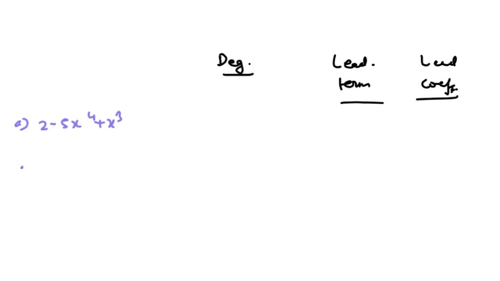 SOLVED: For the following polynomials, identify the degree, the leading ...