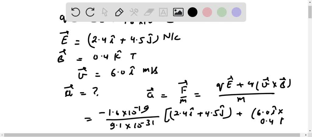 SOLVED: An electron moves through a uniform electric field E = (2.40î + 4.50ĵ) V/m and a uniform ...