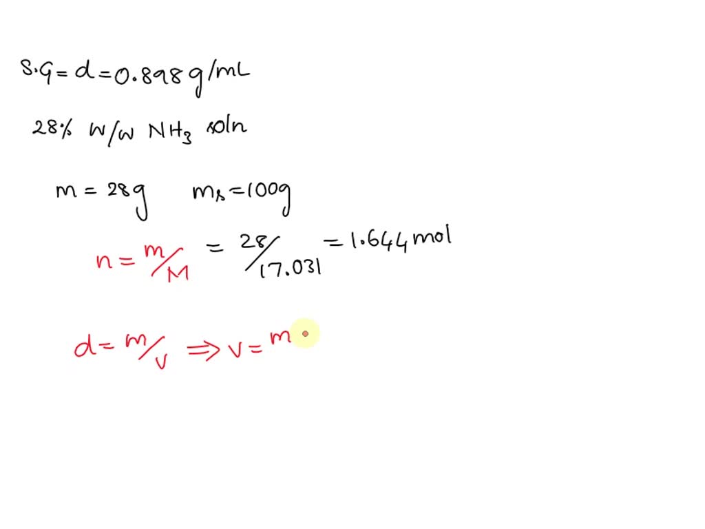 SOLVED: A commercial base solution, NH3 has a specific gravity of 0.898. Calculate the molarity ...