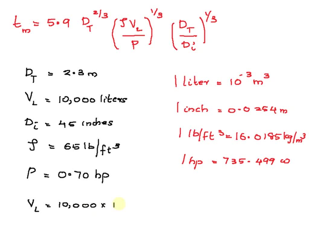An agitation system is to be designed for a fluid having a density of ...
