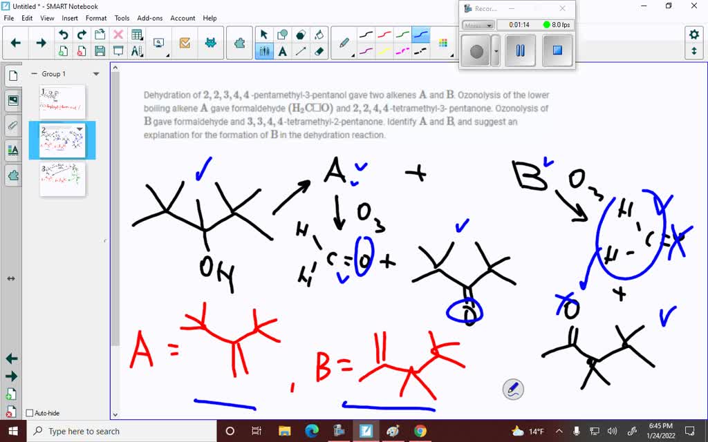 SOLVED: Dehydration of 2,2,3,4,4 -pentamethyl-3-pentanol gave two alkenes A and B. Ozonolysis of ...