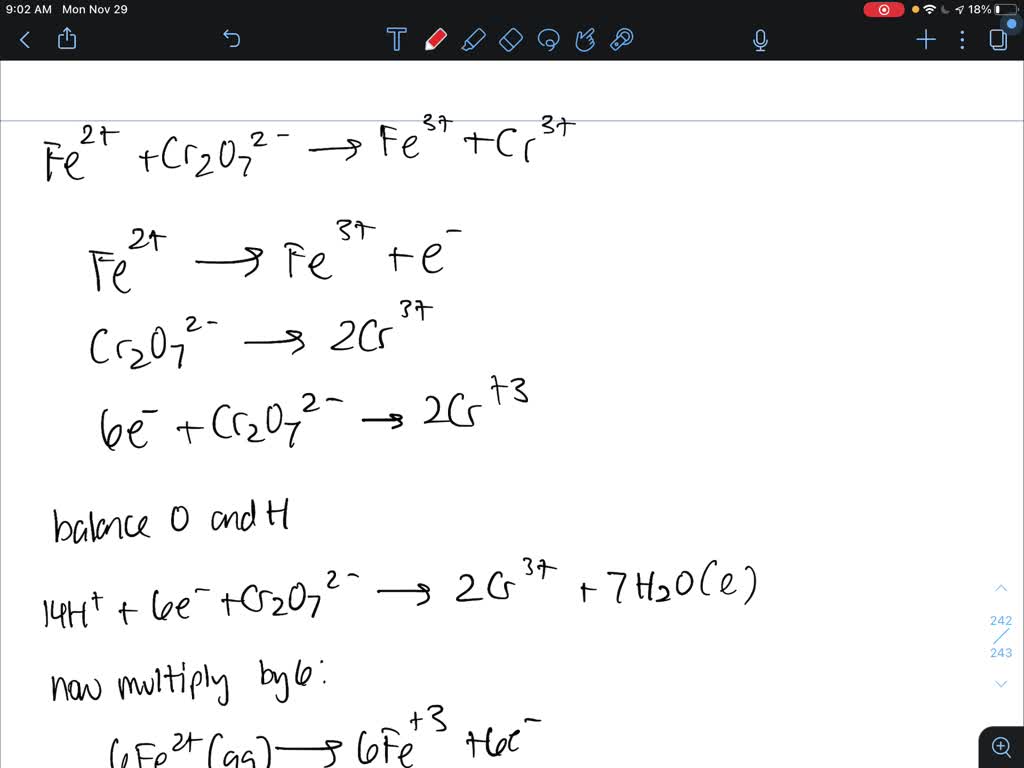 What is the coefficient of the dichromate ion when the following equation is balanced? Fe2 ...