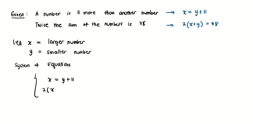 SOLVED: A number is 11 more than another number. Twice the sum of the ...