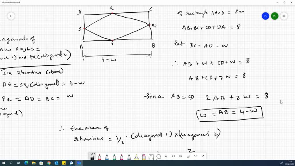 SOLVED: A rhombus is inscribed in a rectangle that is w meters wide ...