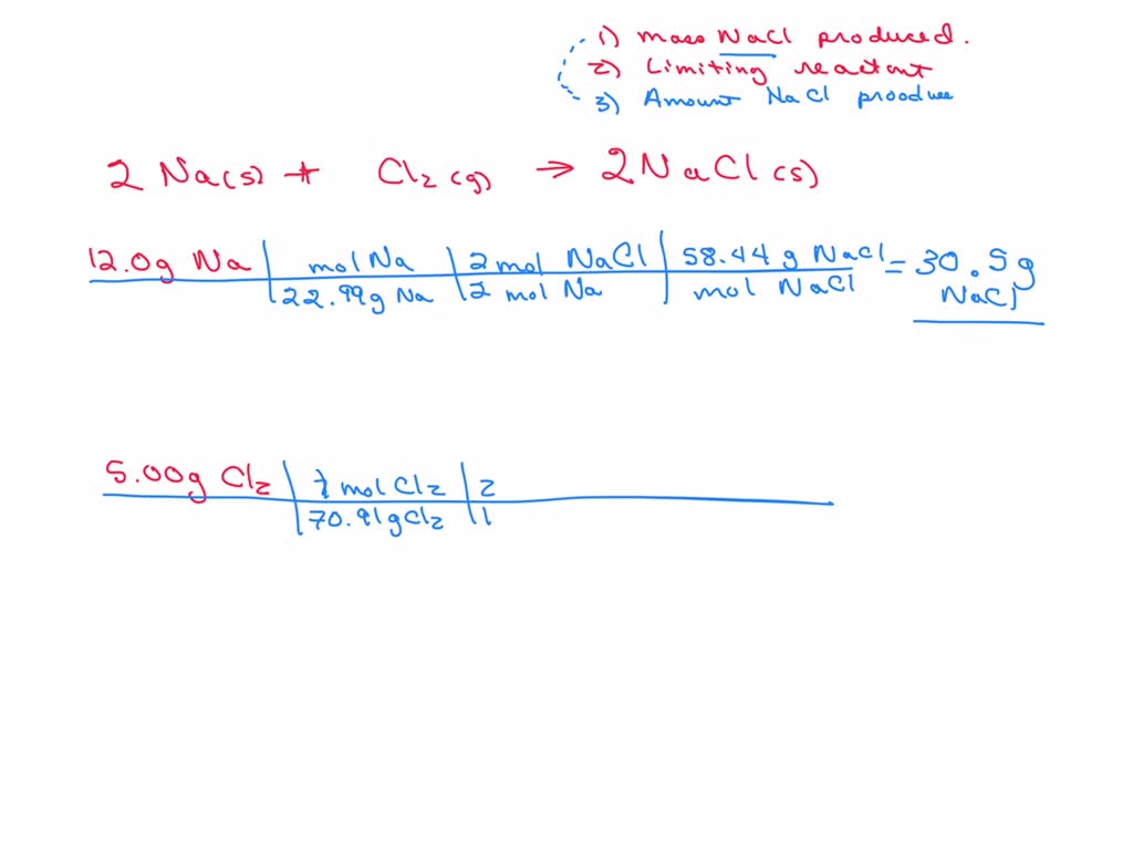 SOLVED: Limiting Reactant 12.0 grams of sodium reacts with 5.00 grams of chlorine. What mass of ...