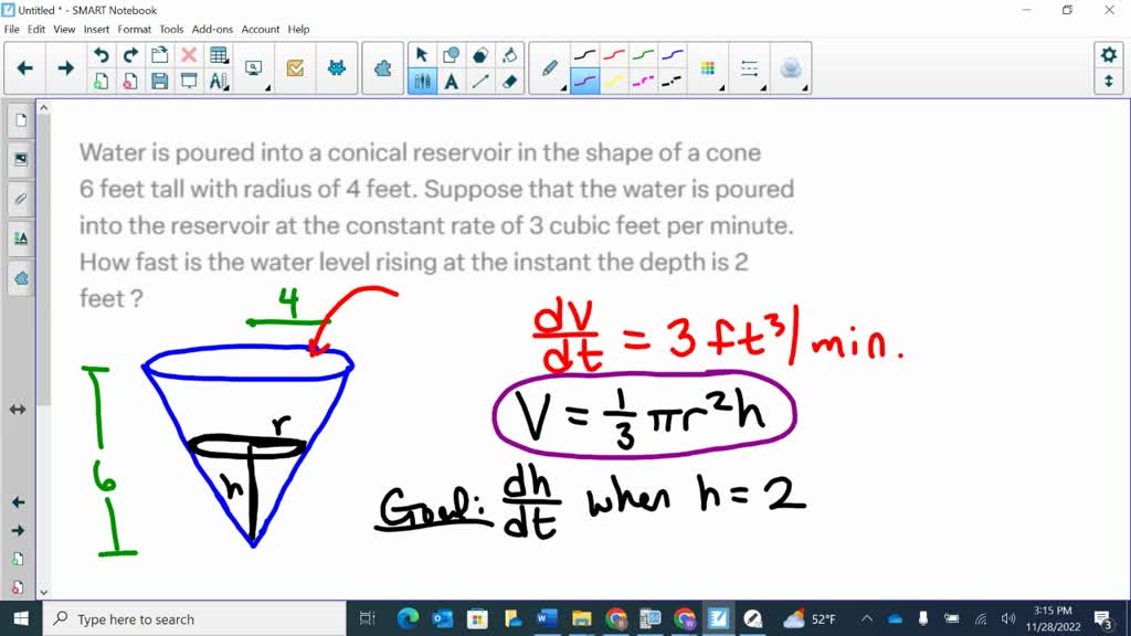 SOLVED: Water is poured into a conical reservoir in the shape of a cone ...