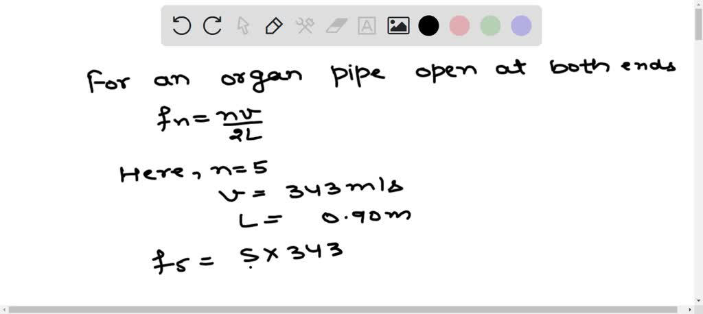 SOLVED: An organ pipe open at both ends has length of 0.90 m. If the velocity of sound in air is ...